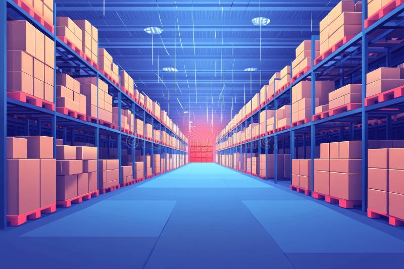A Modern Cartoon Illustration of a Warehouse Interior, Featuring Racks ...