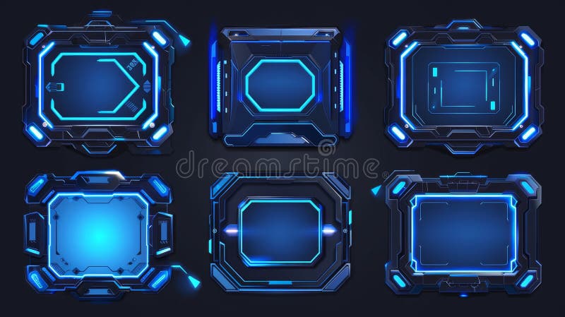Modern Cartoon Set Featuring Square Steel Frames with Blue Neon Glow in ...