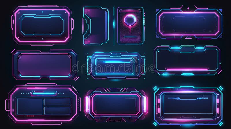 Modern Cartoon Set of Sci Fi Style Gui Elements with Blue and Pink Glow ...