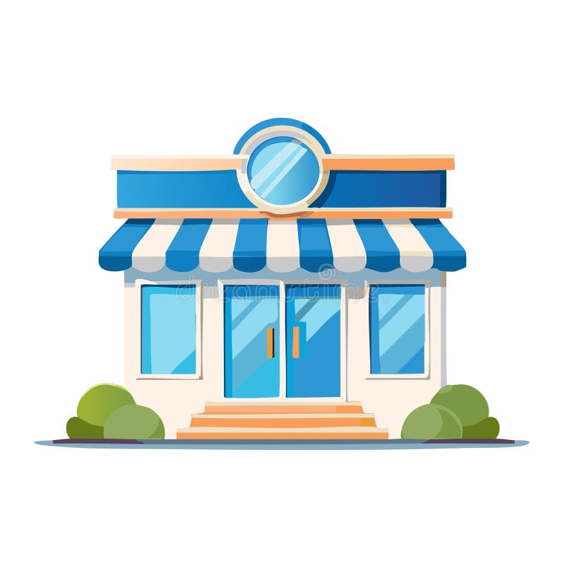 Modern Cartoon Storefront Building with Blue Striped Awning and Double ...