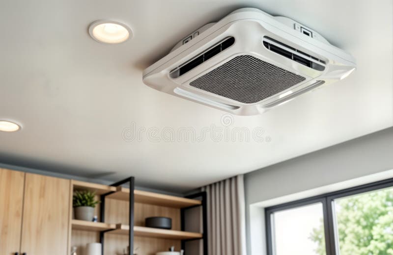 Modern Cassette Type Air Conditioner Mounted on White Ceiling with ...