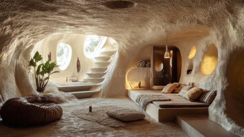 Modern Cave House Interior Design with Organic Stone Walls Stock ...
