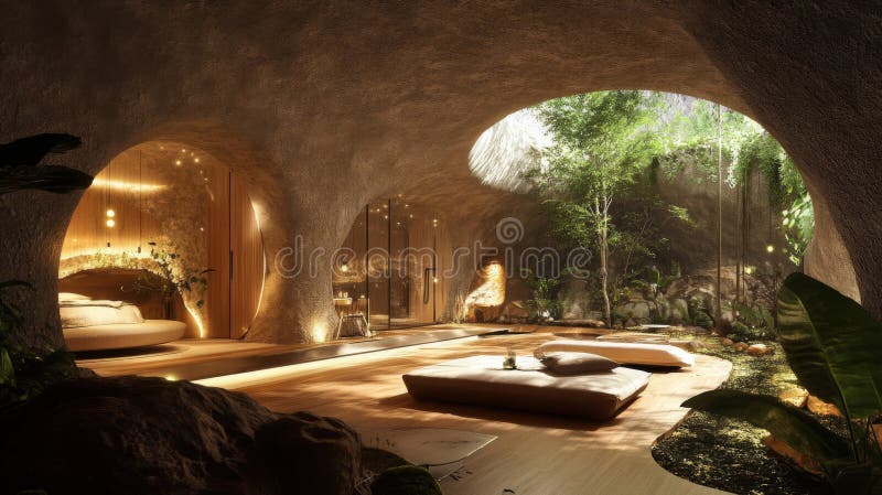 Modern Cave Interior Design with Tropical Plants and Warm Lighting ...