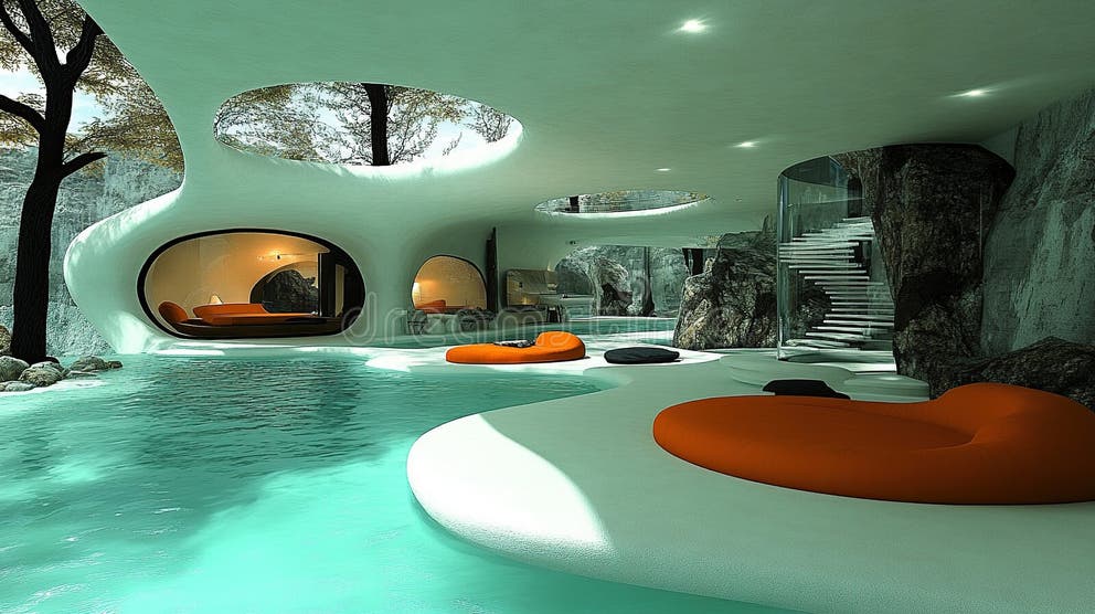 Modern Cave-like Home with an Infinity Pool Stock Photo - Image of ...