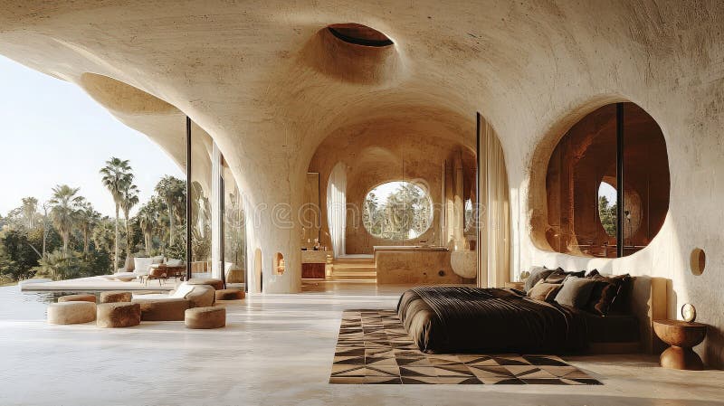 Modern Cave-Like Home Interior, Pool View, Relaxing Space Stock Image ...