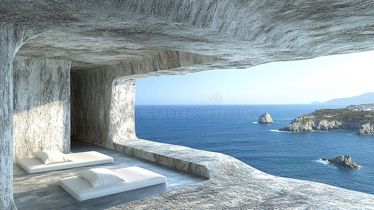 Modern Cave-like Structure Overlooking Ocean Stock Illustration ...