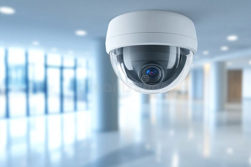 Modern CCTV Camera Mounted on Ceiling in Bright Indoor Environment with Blurred Background Stock ...