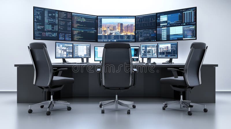 Modern CCTV Control Room with Multiple Monitors for Data Analysis and ...