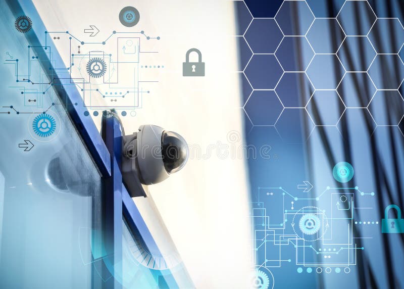 Modern CCTV Security Camera on Building Wall and Digital Schemas Stock ...