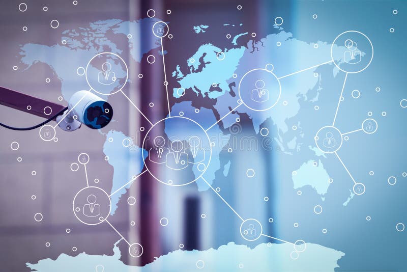 Modern CCTV Security Camera on Building Wall and Digital World Map with ...