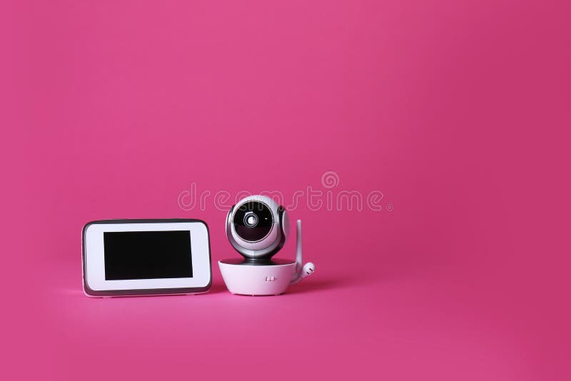 Modern CCTV Security Camera and Monitor on Color Background. Stock ...