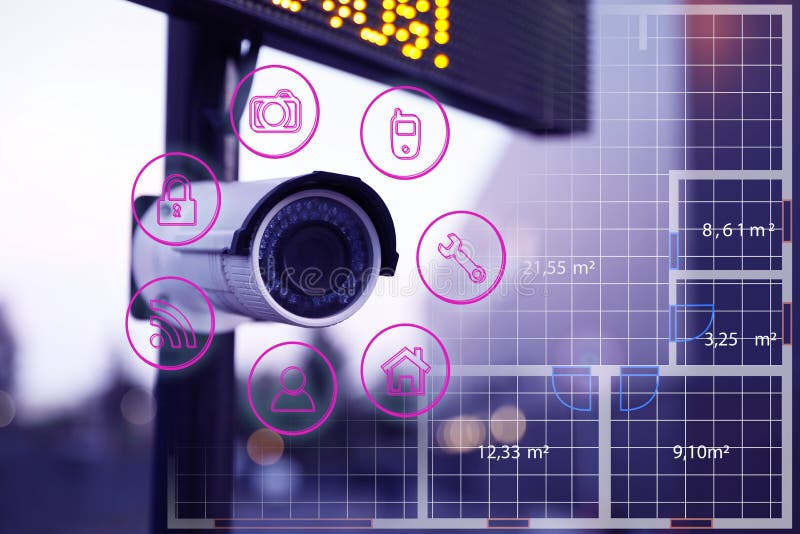 CCTV Security Camera on Street and Icons Stock Photo - Image of bokeh ...
