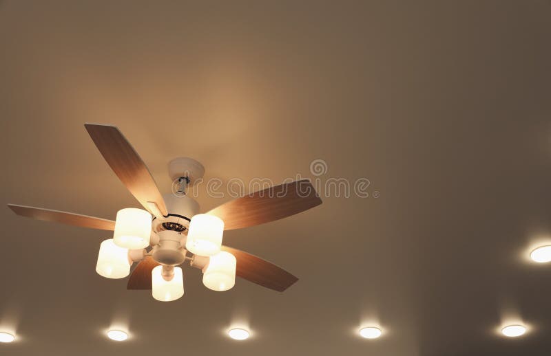 Modern Ceiling Fan with Lamps Indoors, Below View Stock Image - Image ...