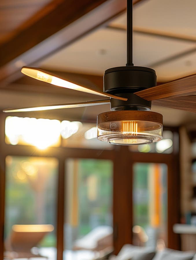 Modern Ceiling Fan Wooden Blades Well Lit Interior Stock Photos - Free ...