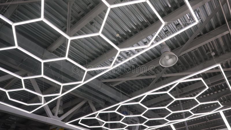 Modern Ceiling Lights Forming Hexagonal Pattern. Stock Footage - Video ...