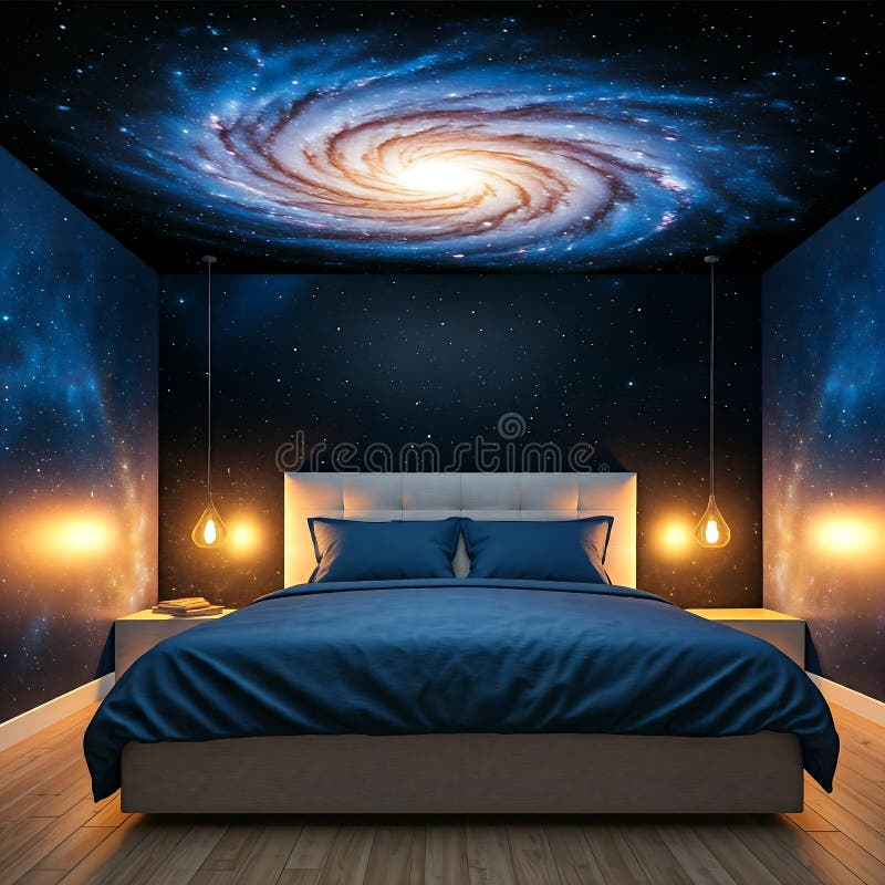 Modern Celestial Bedroom with Dark Blue Bed and Galaxy in Space on Wall ...