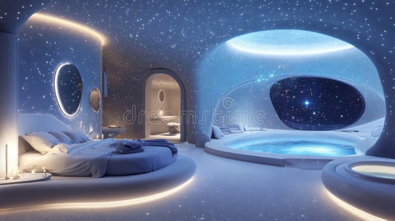 Modern Celestial Bedroom Interior Design with Whirlpool Tub Stock ...