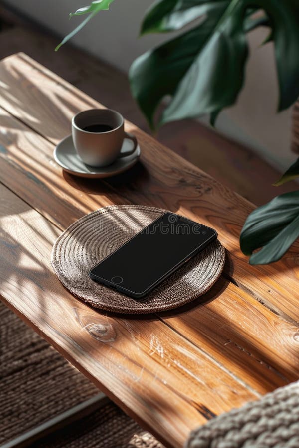 Modern Cell Phone Resting Wooden Table Suitable Technology ...
