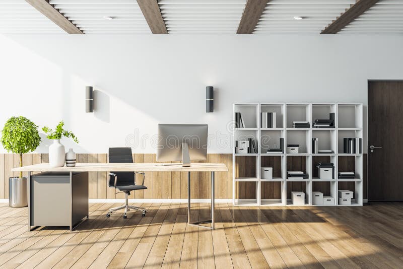 Modern CEO Office with Computer and Shelves with Documents Stock ...