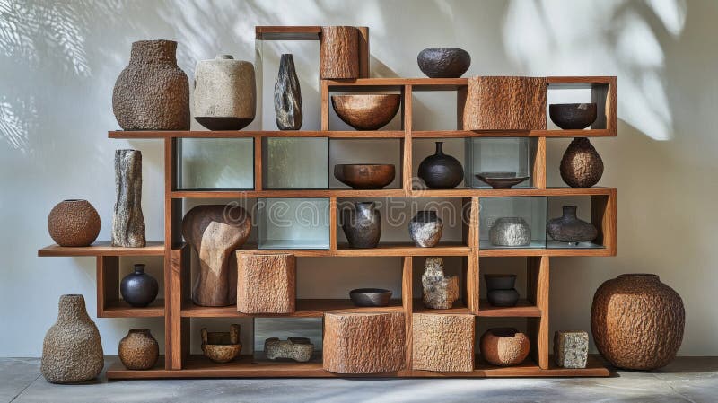 Modern Ceramic Pottery Collection Displayed on Wooden Shelf Stock ...