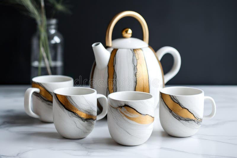 Modern Ceramic Teapot and Matching Cups on Marble Surface Stock ...