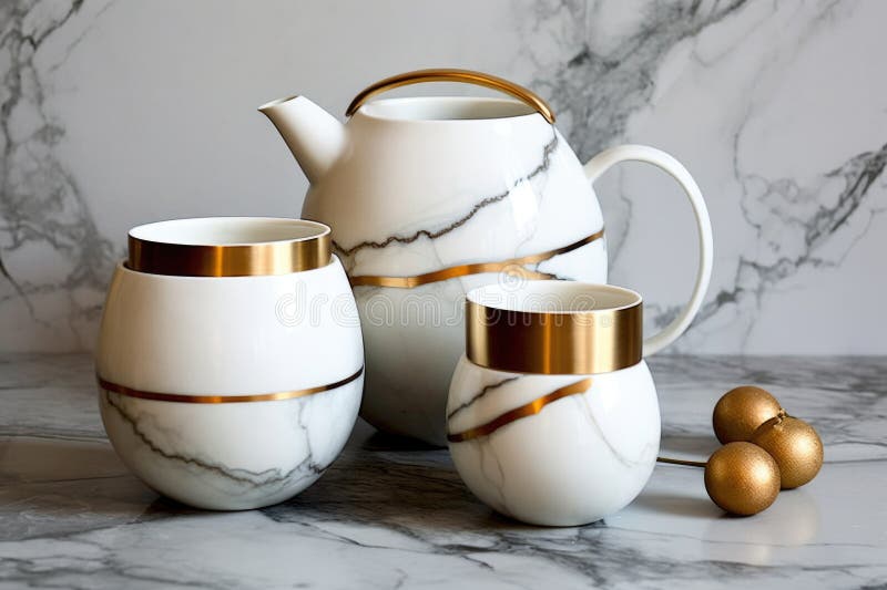 Modern Ceramic Teapot and Matching Cups on Marble Surface Stock ...