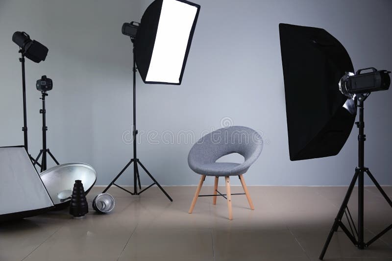 Modern Chair in Photo Studio with Professional Equipment Stock Image ...