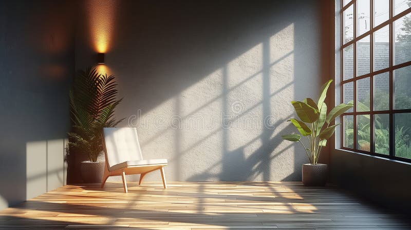 Modern Chair and Potted Plants in Room with Sunlight Casting Dramatic ...