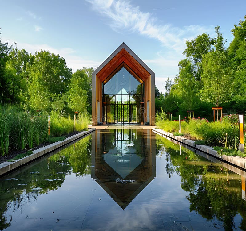 Modern Chapel with a Reflective Pond Stock Illustration - Illustration ...