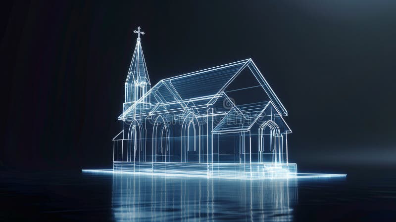 A Modern Chapel with a Wireframe Structure, Glowing Lines Enhance Its ...