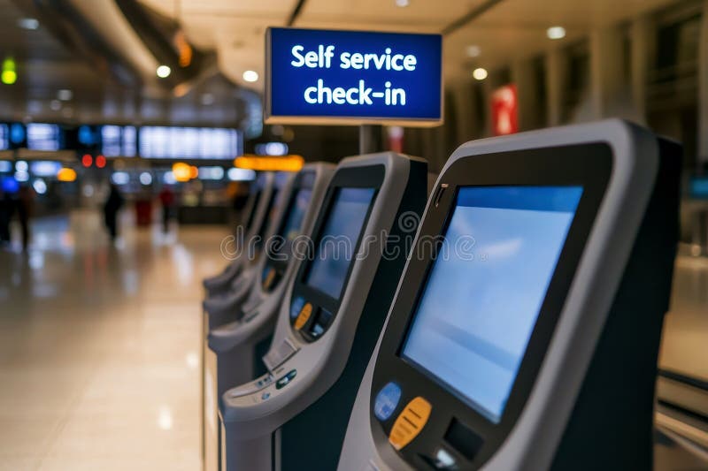 Modern Check-in Counters with Self Service Kiosks in Airport ...