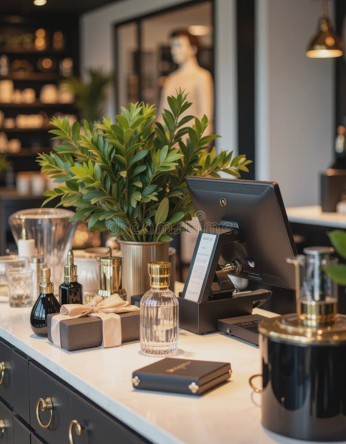 Modern Checkout System at a Retail Counter with Elegant Decor Stock ...