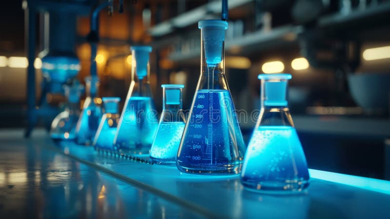 Modern Chemical Lab with Glass Test Tubes and Flasks Under Blue ...