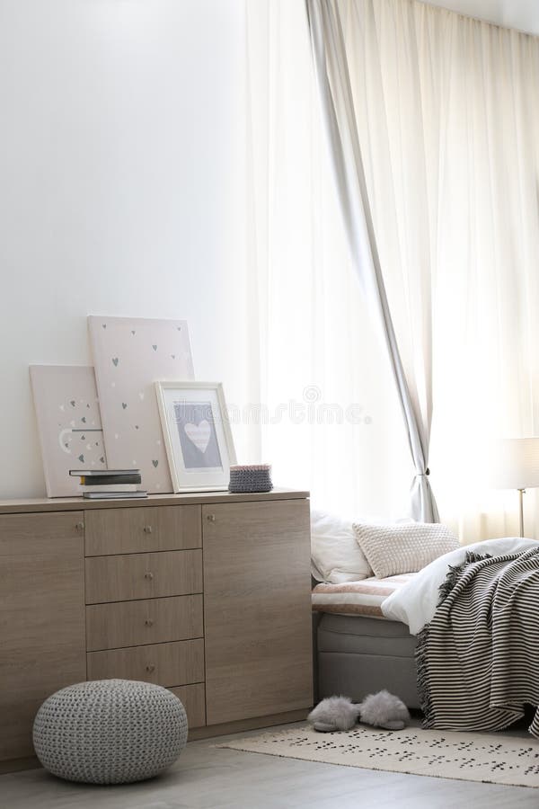 Modern Chest of Drawers in Beautiful Bedroom. Interior Design Stock ...