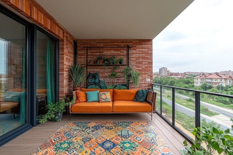 Modern Chic Balcony Design Featuring Lush Greenery and Vibrant Tile ...