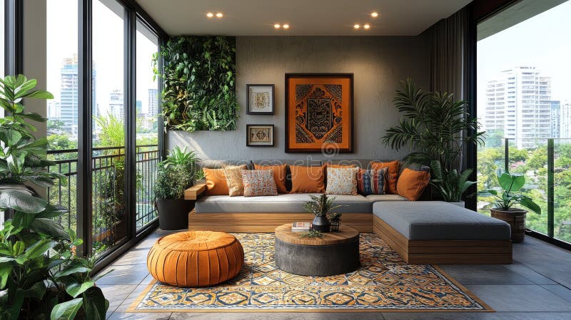 Modern Chic Balcony Design Featuring Lush Greenery and Vibrant Tile Stock Illustration ...