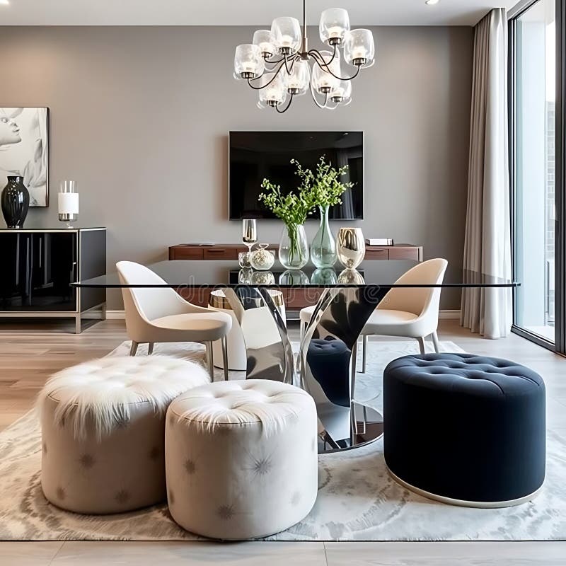 A Modern Chic Dining Area with a Set of Poufs in Front of a ...
