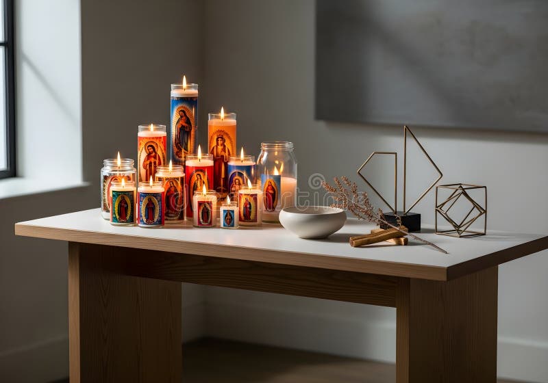Modern Chicano Altar Table with Traditional Candles Stock Illustration ...