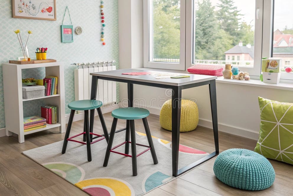 Modern Child Room Interior with Table and Stools Stock Illustration ...