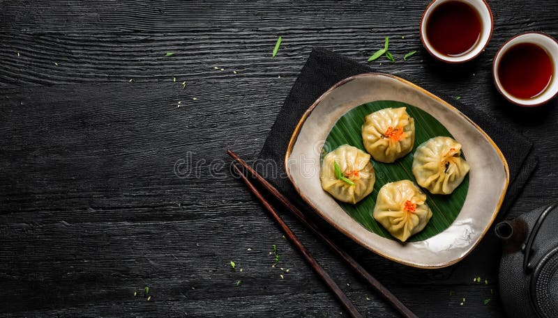 Modern Chinese Food Dumpling and Tea Set on Black Rustic Table Top ...