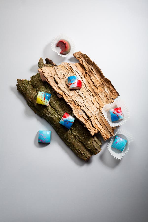 Modern Chocolate Candy in Wooden Bark Stock Image - Image of green ...