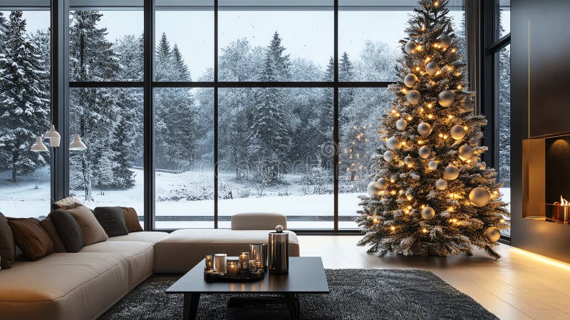 Modern Christmas Living Room with Winter View Stock Image - Image of ...