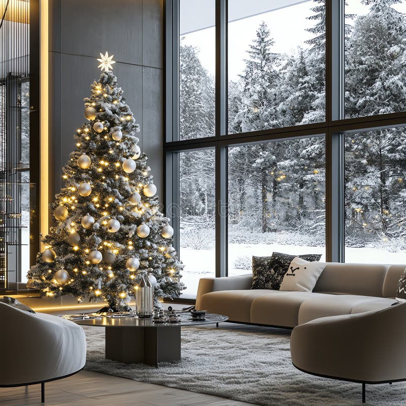 Modern Christmas Living Room with Winter View Stock Image - Image of ...