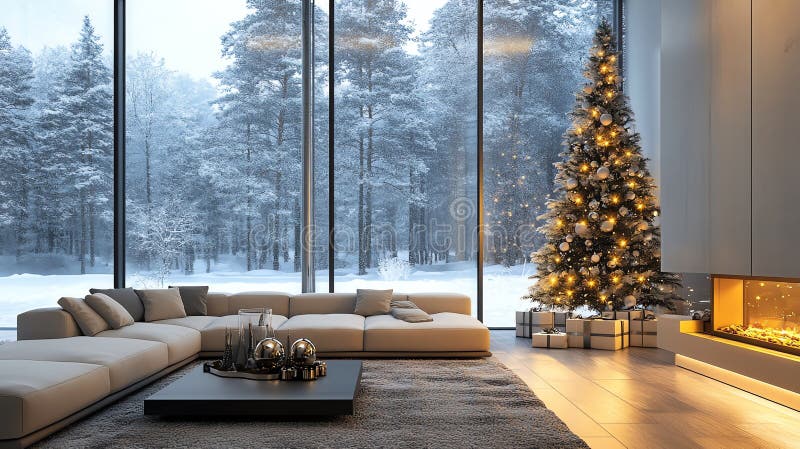 Modern Christmas Living Room with Winter View Stock Photo - Image of ...