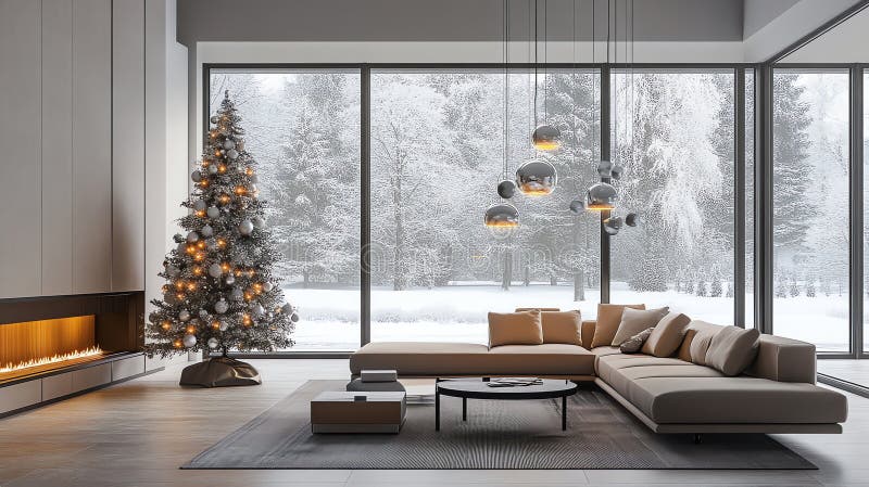 Modern Christmas Living Room with Winter View Stock Image - Image of ...