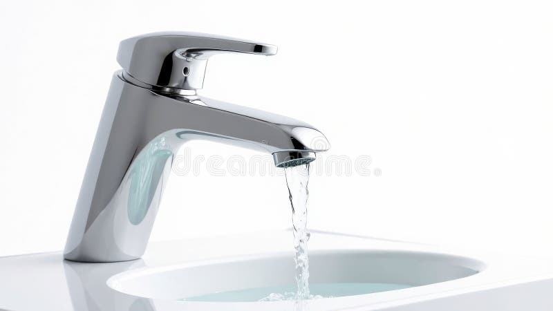 Modern Chrome Faucet with Running Water in Minimalist Bathroom Setting ...