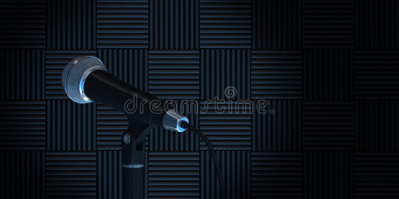 Modern Chrome Microphone in Front of Black Acoustic Foam Panels ...