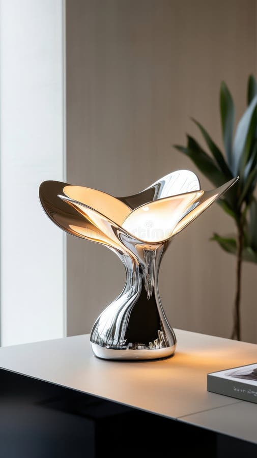 Modern Chrome Table Lamp with Leaf Design on Minimalist Desk Stock ...