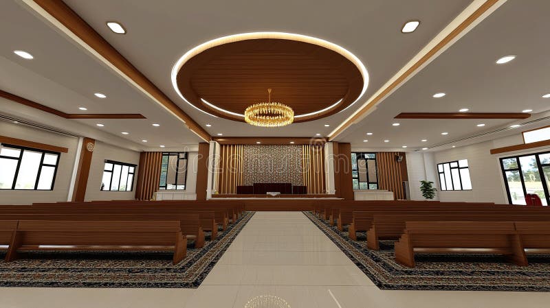 Modern Church Hall Interior Design Rendering, Aisle, Stage, Windows ...