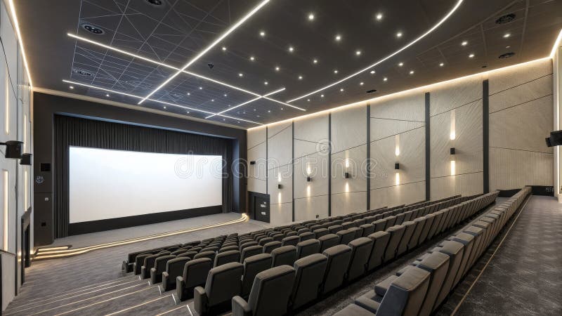 Modern Cinema Geometric Design, Gray Seats, Large Screen Stock ...